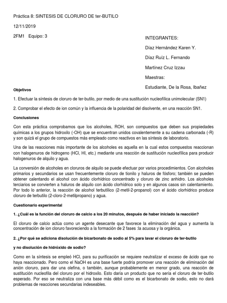 Cuestionario Practica 8 SINTESIS DE CLORURO DE ter-BUTILO | PDF ...