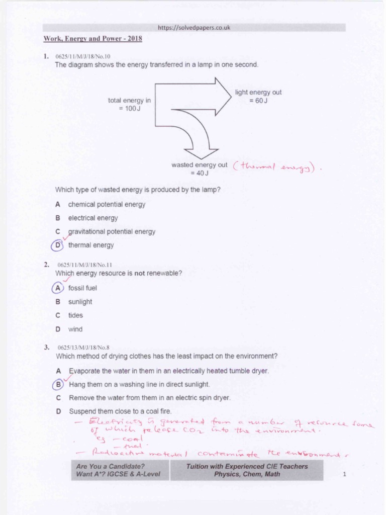 2018 Work Energy and Power Igcse Mult PDF | PDF