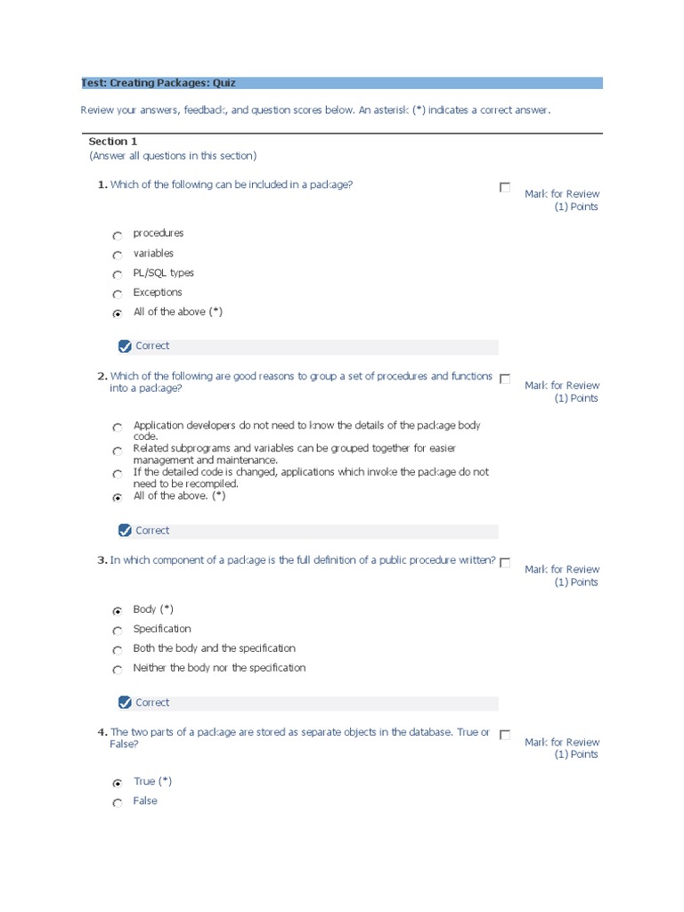 Creating Packages Quiz Results | PDF | Subroutine | Pl/Sql