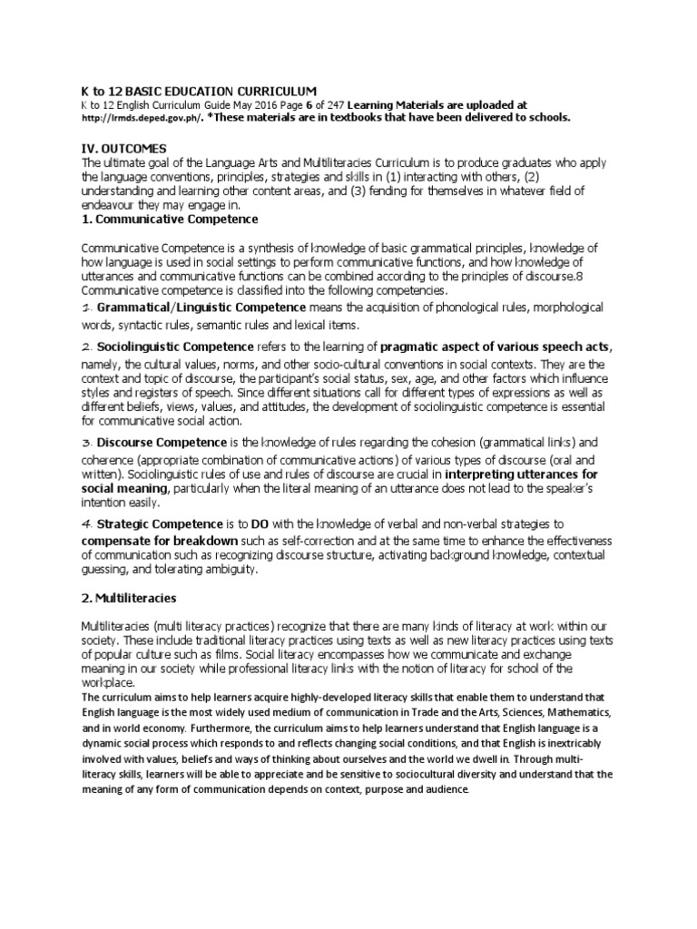 K To 12 Basic Education Curriculum CG | PDF | Communication | Semiotics
