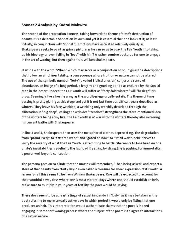 Shakespeares Sonnet 2 Analysis | PDF | Shakespeare's Sonnets | Poems