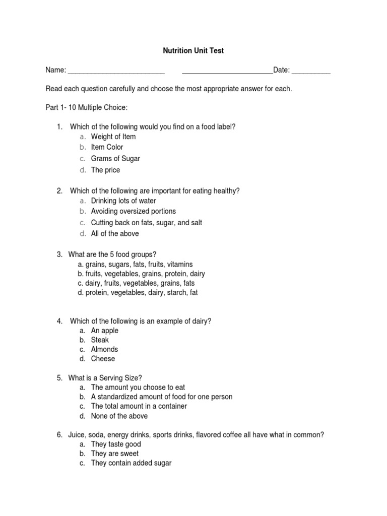 Nutrition Unit Test-2 | PDF | Carbohydrates | Foods