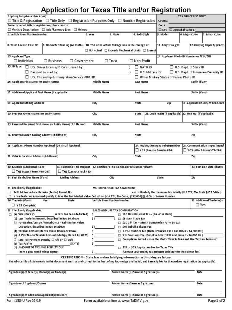 130-U Application For Texas Title and Registration | PDF | Identity ...