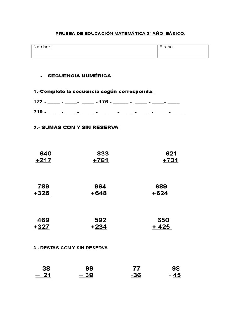 Prueba de Sumas y Restas | PDF