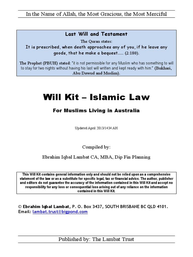 Islamic Will Kit Auatralia | PDF | Will And Testament | Trust Law