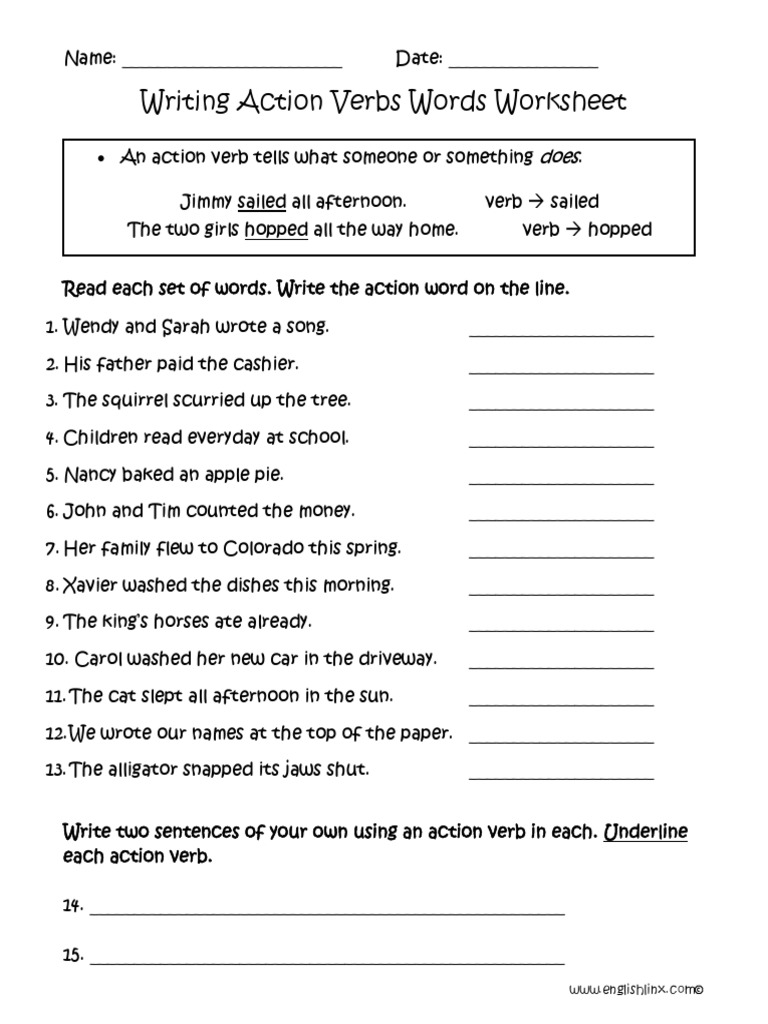 Writing Action Verbs Words Worksheet | PDF | Syntax | Languages