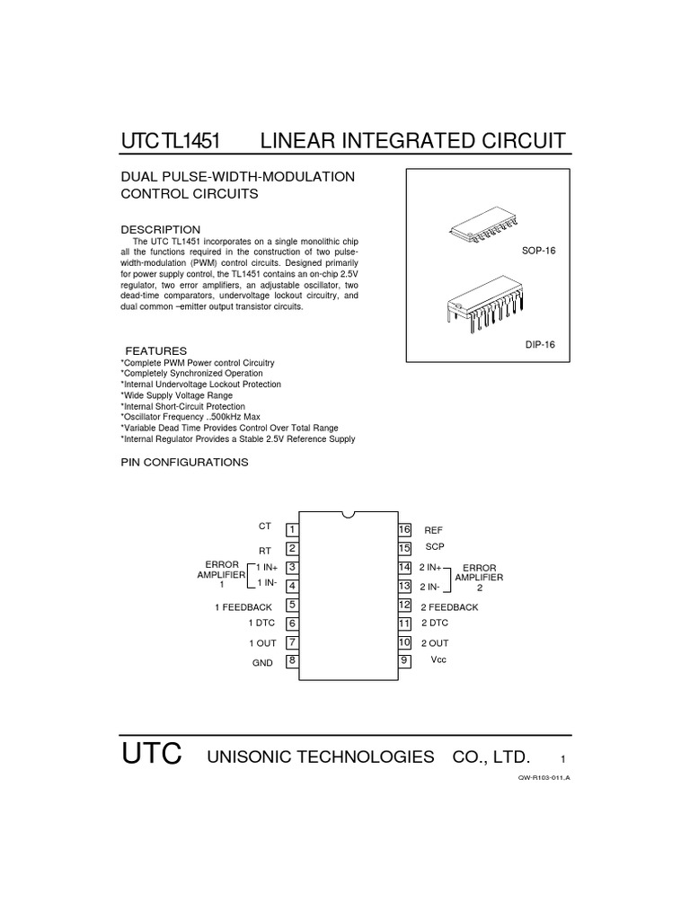 UTC TL1451 Linear Integrated Circuit: Dual Pulse-Width-Modulation Control Circuits | PDF ...