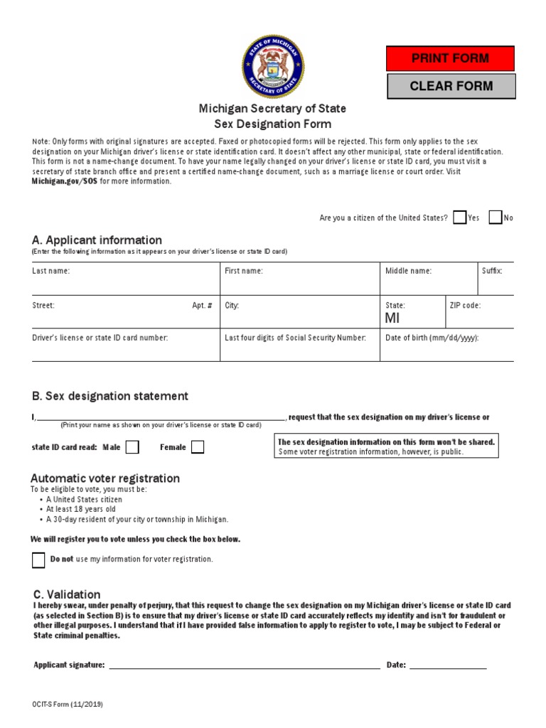 Michigan Gender Change Form | PDF | Voter Registration | Identity Document
