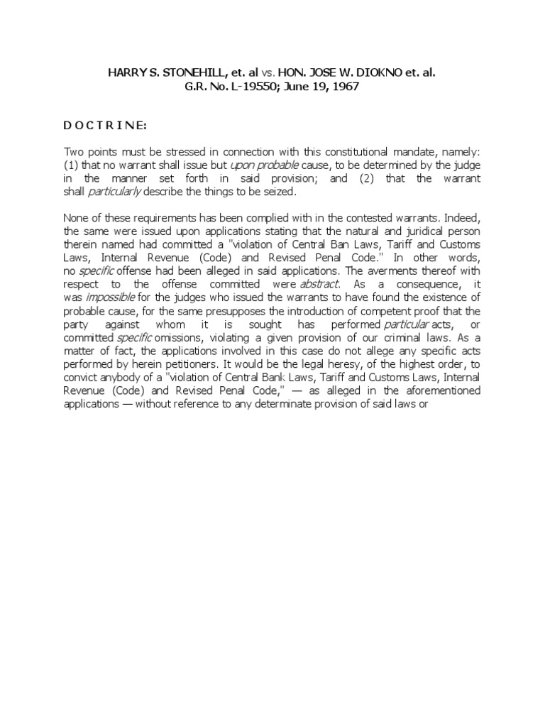 Harry S. Stonehill, Et. Al vs. Hon. Jose W. Diokno Et. Al. G.R. No. L ...