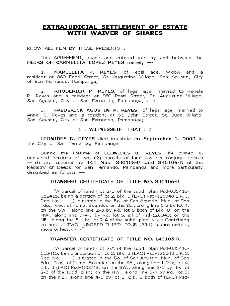 Extrajudicial Settlement of Estate With Waiver of Shares | PDF ...