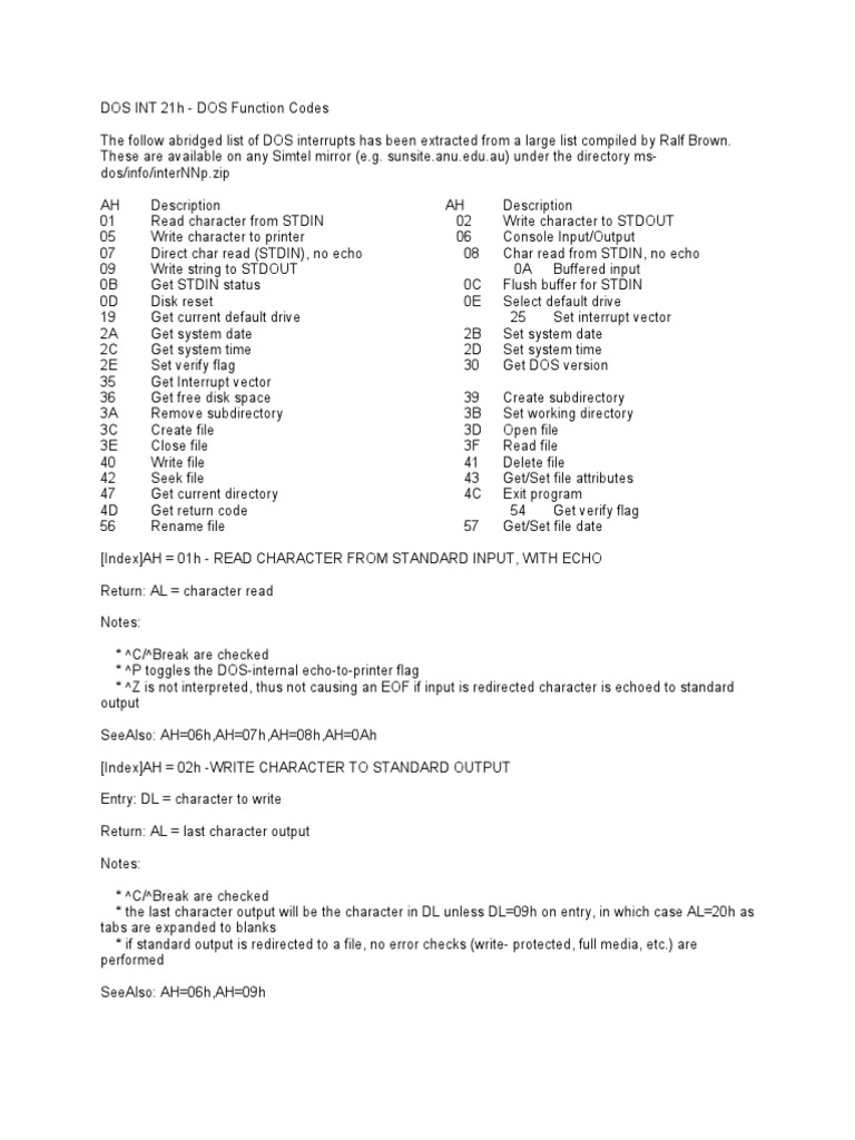 DOS INT 21h Function Codes Guide | PDF | Computer File | Data Management