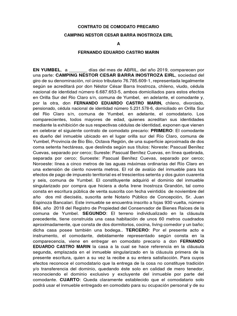 Contrato de comodato precario para el uso de una vivienda ubicada en la ...