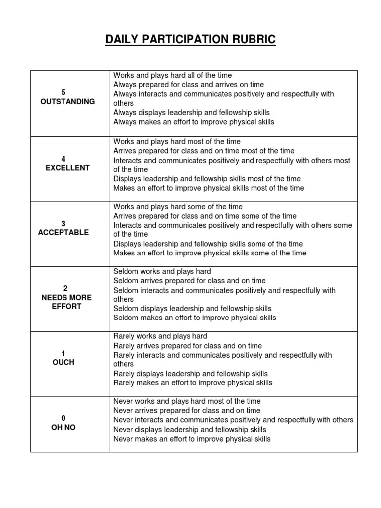 Daily Participation Rubric | PDF | Self-Improvement