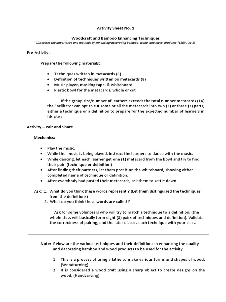 Activity Sheets - TLE-IA (WEEK 1) | PDF | Wood | Decorative Arts
