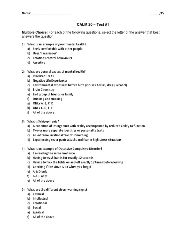 Calm 20 - Test #1: Multiple Choice: For Each of The Following Questions ...