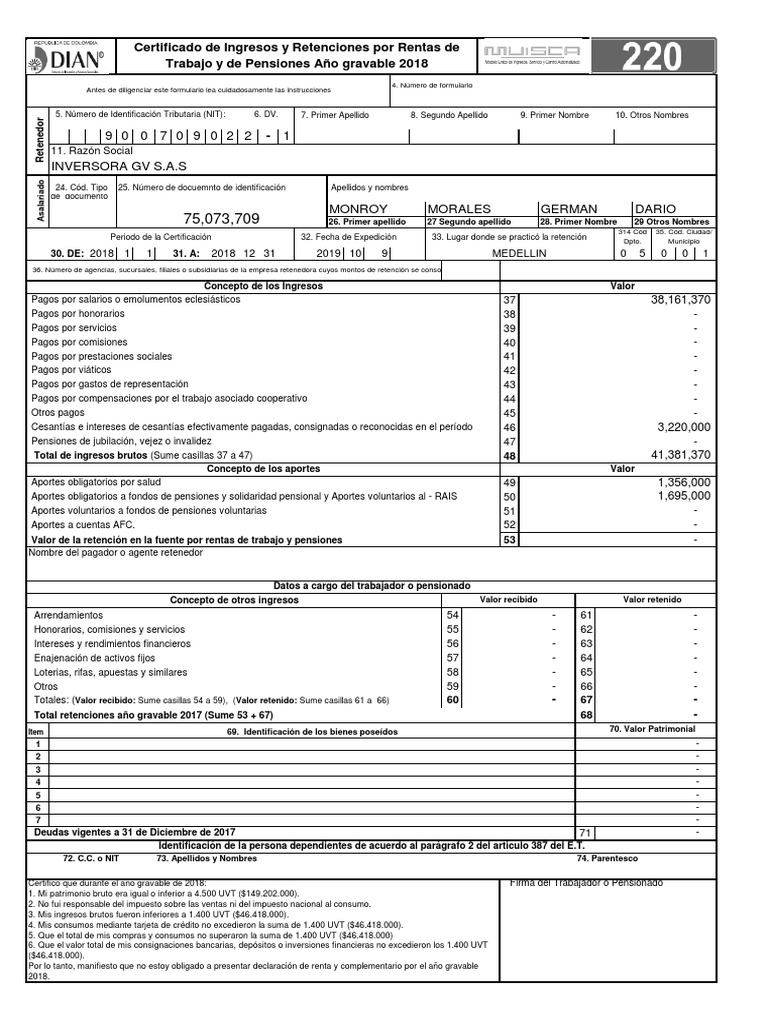 Certificado Ingresos 2018 GERMAN MONROY | PDF | Labor | Economias