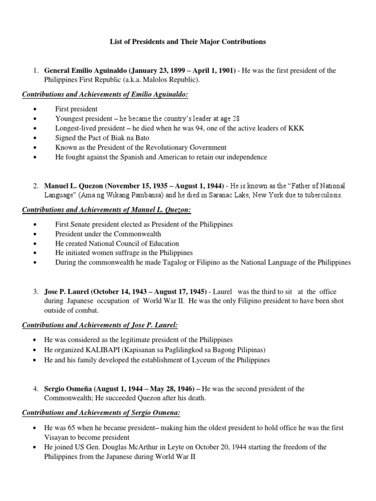 List of Presidents and Their Major Contributions | PDF | President Of ...