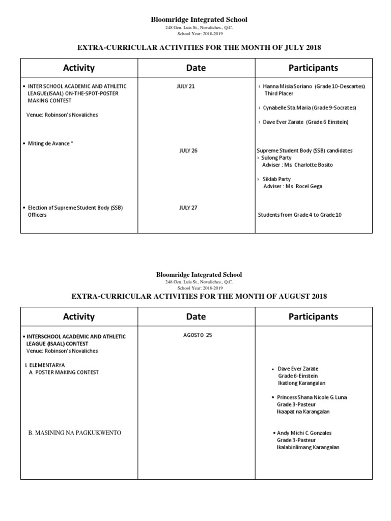 Extra-Curricular Activities - School Year 2018-2019 | PDF | Educational ...