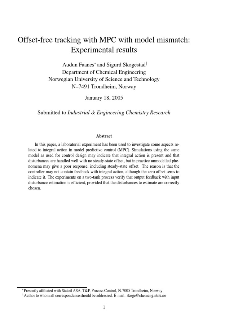 Offset-Free Tracking With MPC With Model Mismatch: Experimental Results | PDF | Control Theory ...