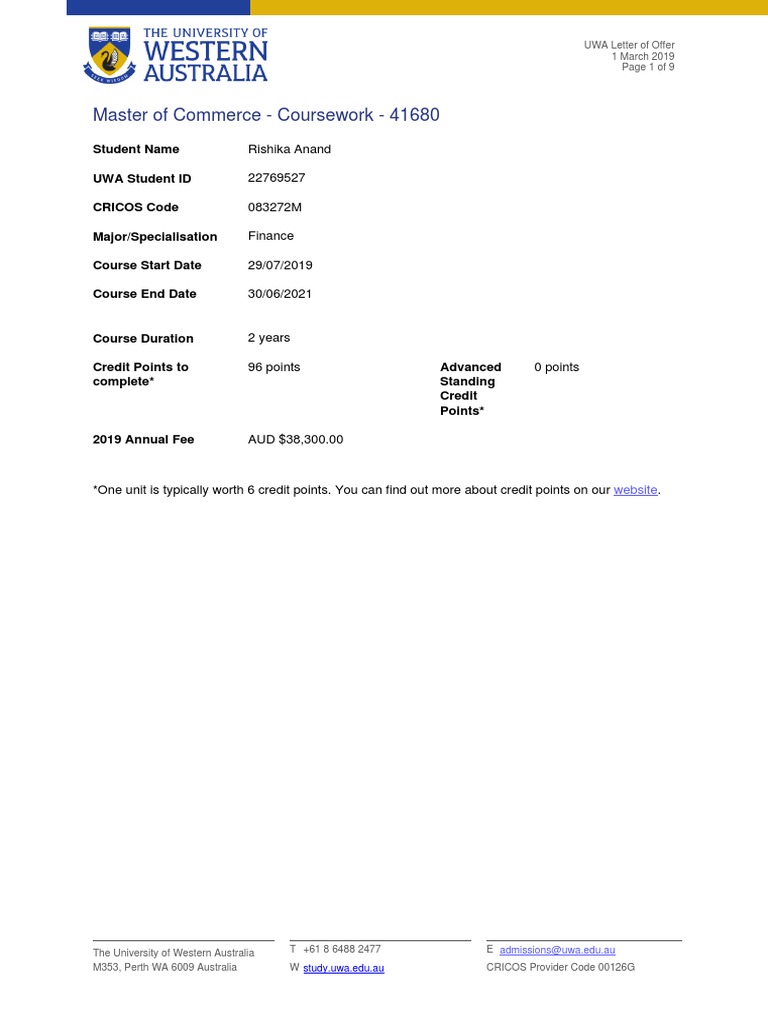 UWA Master of Commerce Offer Details | PDF | Offer And Acceptance | Fee