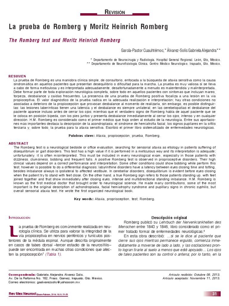 Test de Romberg PDF | PDF | Sistema nervioso | Medicina CLINICA