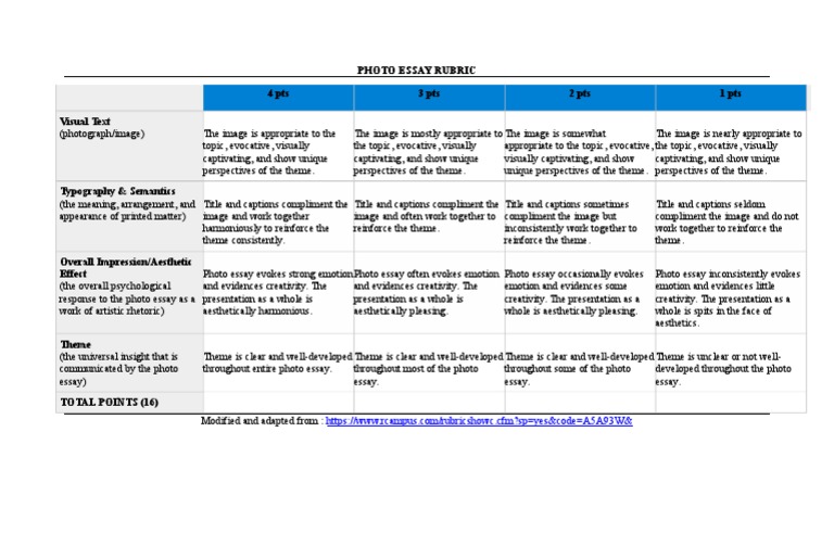 Photo Essay Rubric 4 Pts 3 Pts 2 Pts 1 Pts Visual Text | PDF | Essays ...