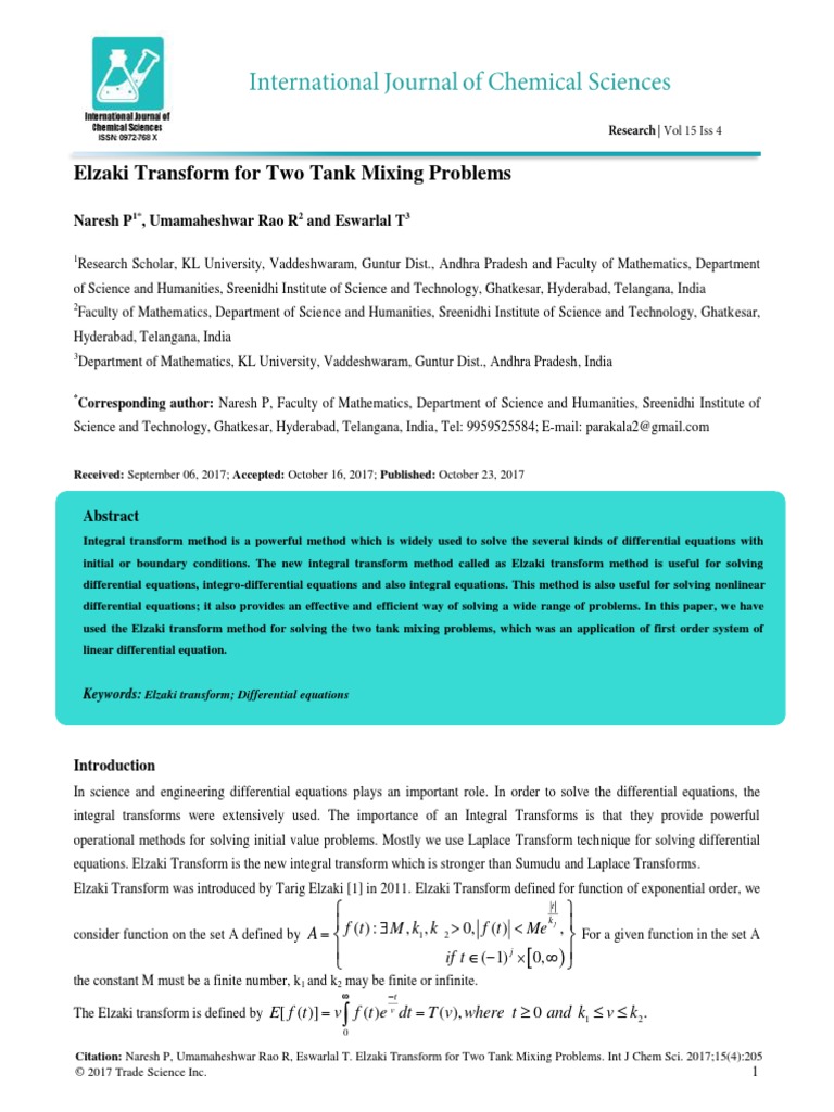 Elzaki Transform For Two Tank Mixing Problems PDF | PDF | Differential ...