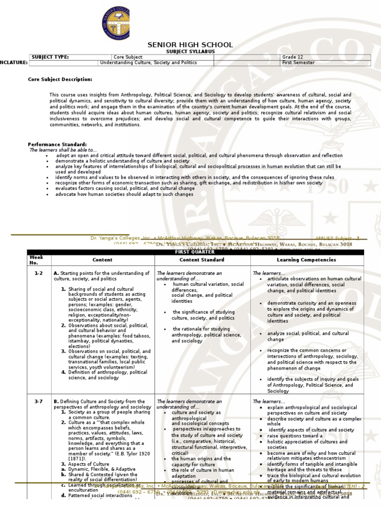 Understanding - Culture - Society - and - Politi - Syllabus | PDF ...