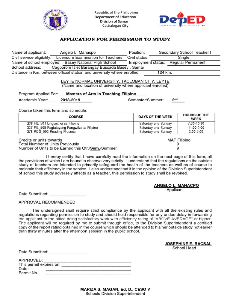 Application For Permission To Study | PDF | Workweek And Weekend | Teachers