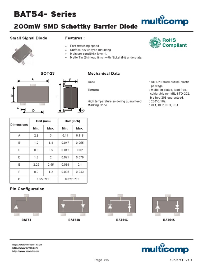 BAT54-Series: 200mW SMD Schottky Barrier Diode | PDF | Diode ...