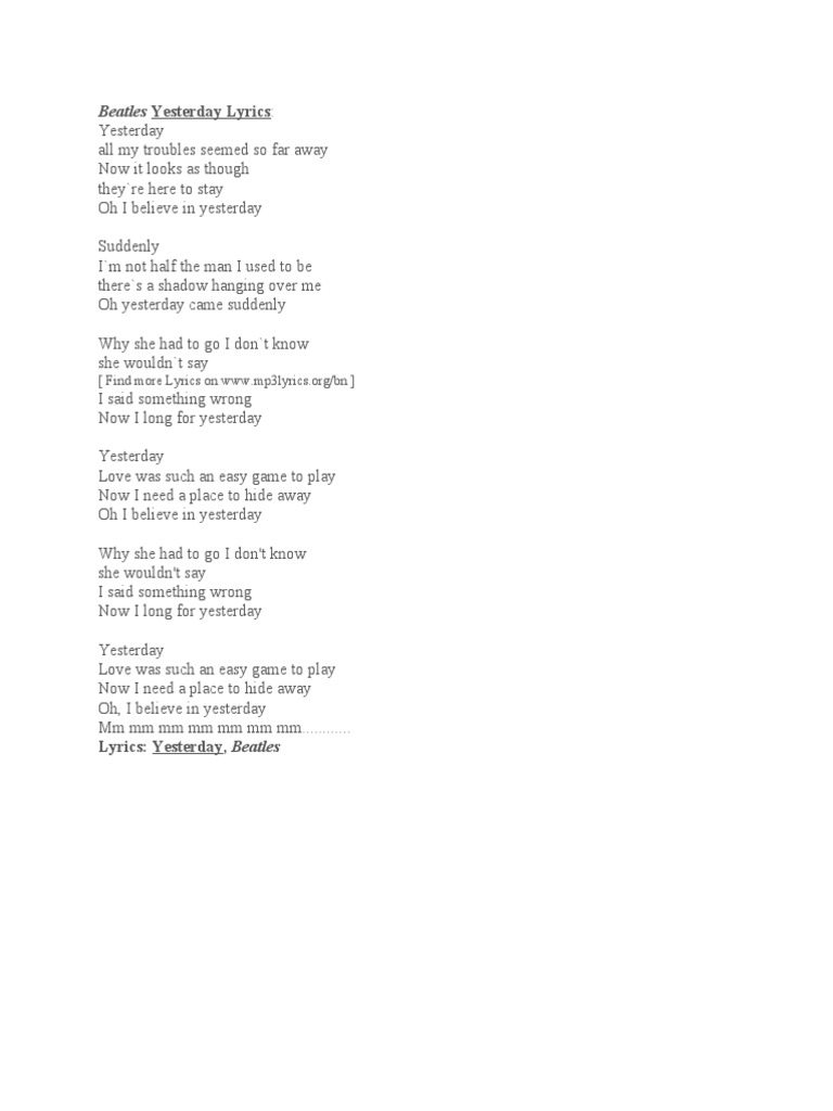 Beatles "Yesterday" Lyrics | PDF