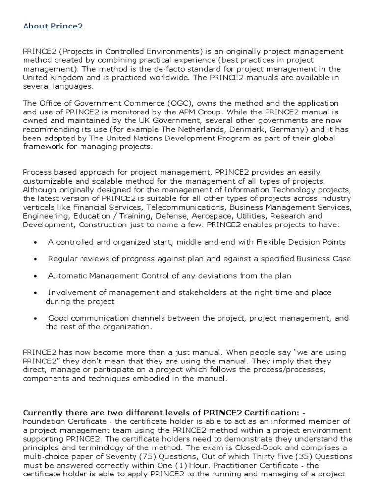 PRINCE2 Certification - Foundation Level | PDF | Project Management ...