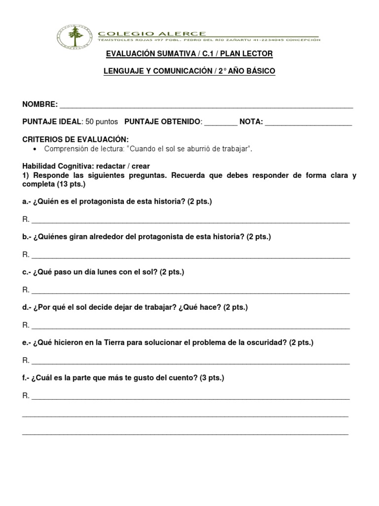 EVALUACIÓN SUMATIVA Plan Lector Cuando El Sol Se Aburrio de Trabajar | PDF | Universo | Dom