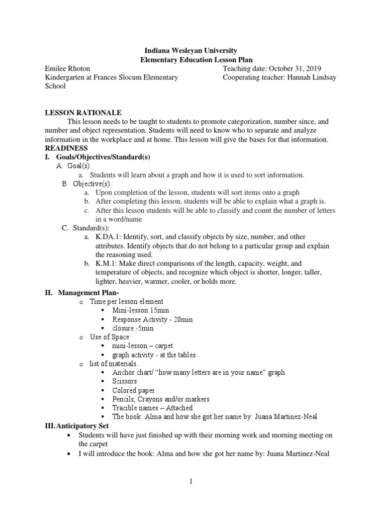 Indiana Wesleyan University Elementary Education Lesson Plan | PDF | Teaching | Behavior ...