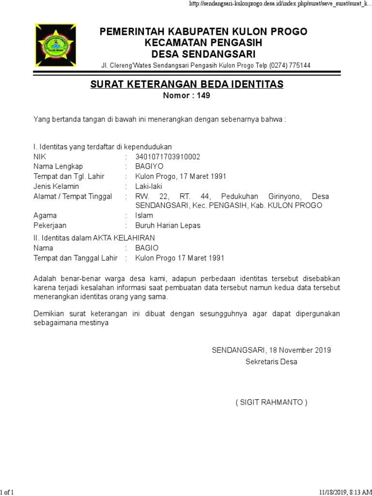 Surat Ket Beda Nama | PDF