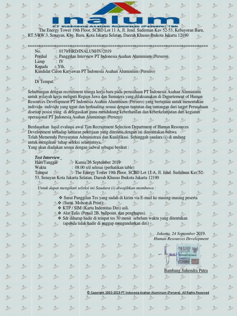 Surat Panggilan Wawancara Kandidat PT Indonesia Asahan Aluminium Persero (INALUM) Jakarta PDF | PDF