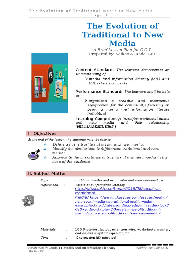Media Literacy: Traditional vs New Media | PDF | Lesson Plan ...