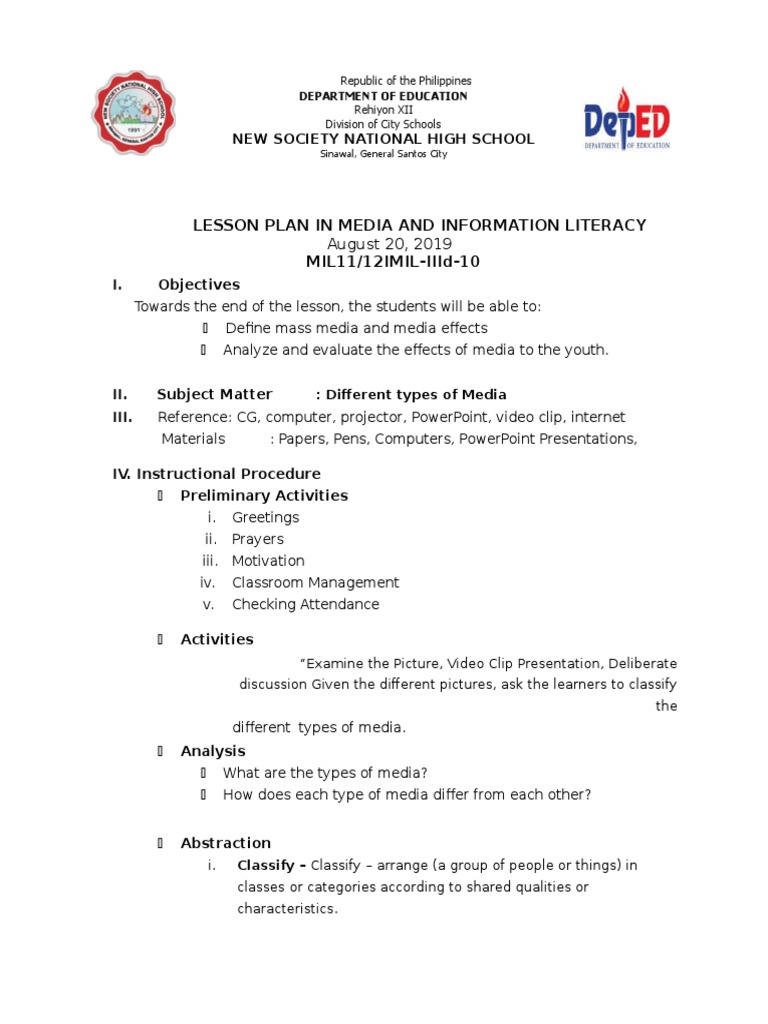 Lesson Plan in Media and Information Literacy Mil11/12Imil-Iiid-10 ...