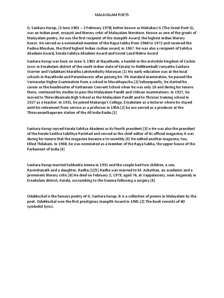 Malayalam Poets | Download Free PDF | Indian Literature | Kerala