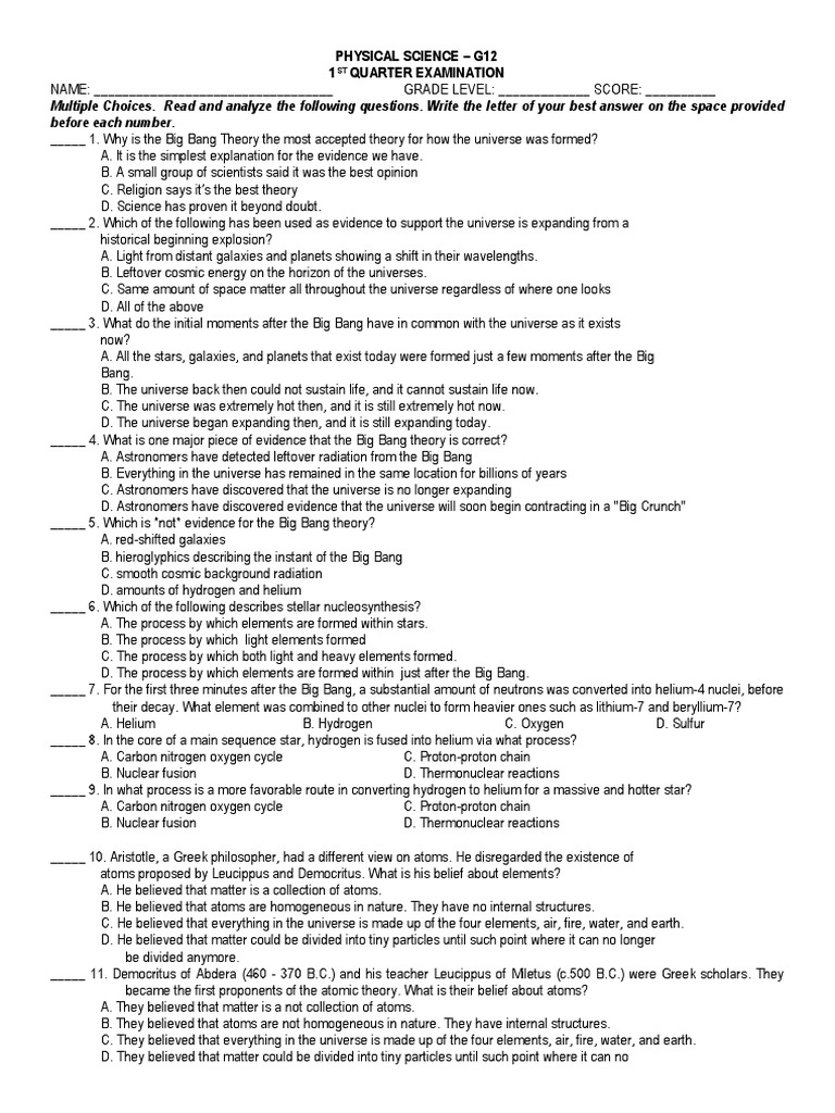 Physical Science Midterm Exam | PDF | Atoms | Atomic Nucleus Physical Science Midterm Exam | PDF | Atoms | Atomic Nucleus