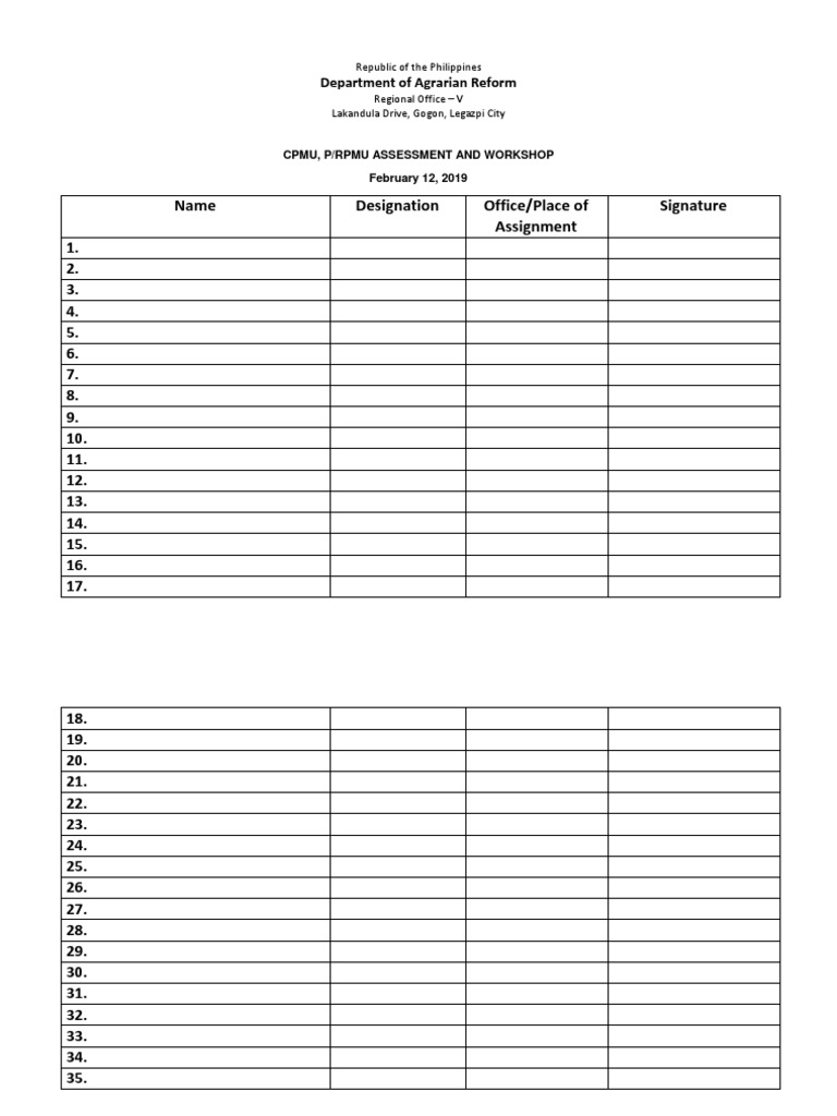 Name Designation Office/Place of Assignment Signature 1. 2. 3. 4. 5. 6 ...