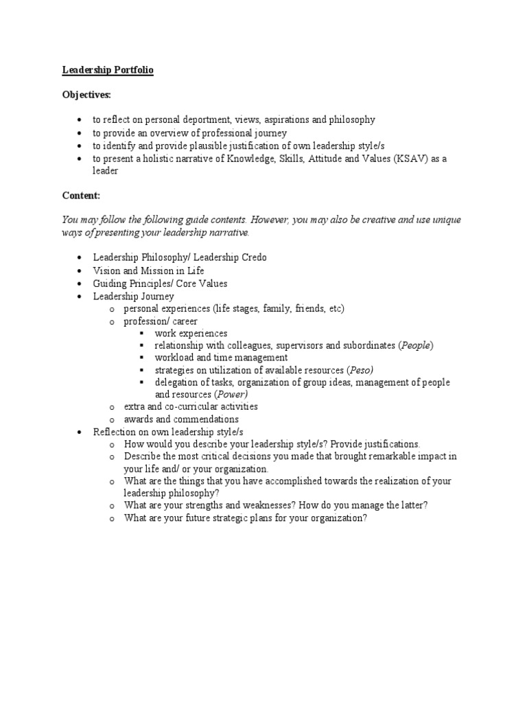 Leadership Portfolio Objectives | PDF | Leadership | Applied Psychology