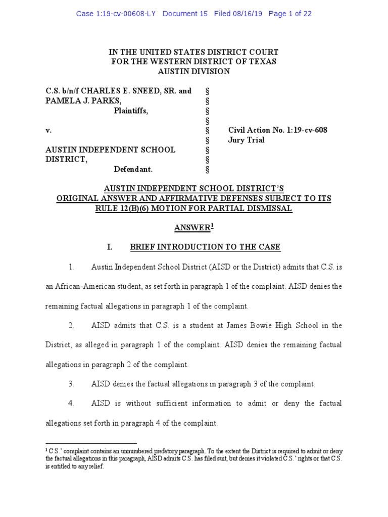 AISD Lawsuit Answer | PDF | Complaint | Lawsuit