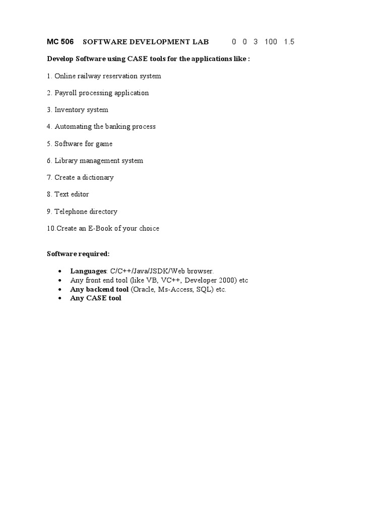 MC 506 Software Development Lab 0 0 3 100 1.5 Develop Software Using ...