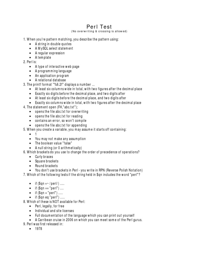 Perl Test Questions | PDF | Perl | Parameter (Computer Programming) Perl Test Questions | PDF | Perl | Parameter (Computer Programming)