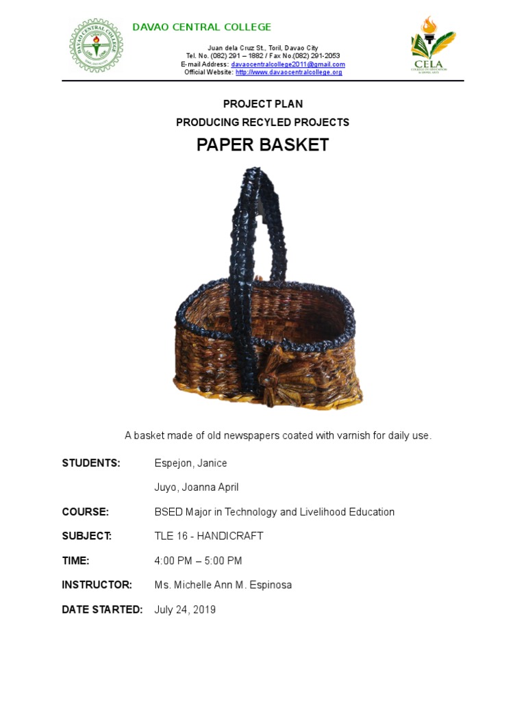 Paper Basket: Project Plan Producing Recyled Projects | PDF | Adhesive