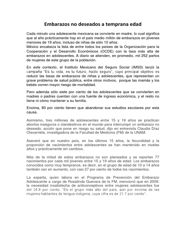 Embarazos No Deseados A Temprana Edad | PDF | Control de la natalidad | Embarazo en la adolescencia