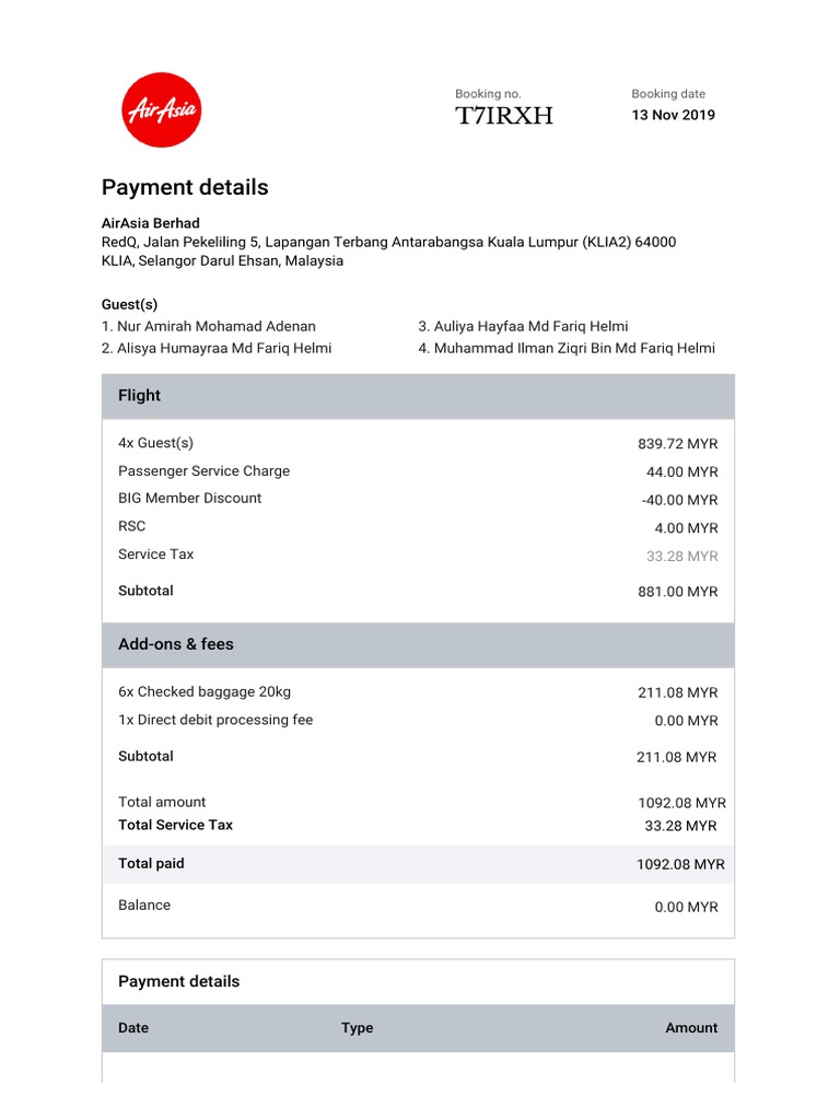 AirAsia flight booking receipt for 4 guests | PDF