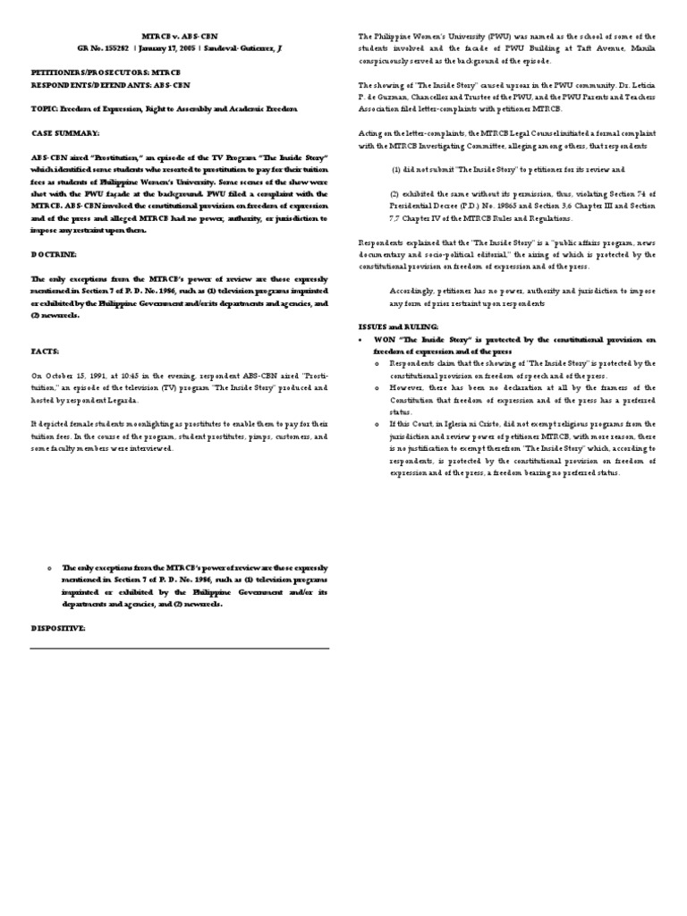 MTRCB v. ABS-CBN Case Digest | PDF | Complaint | Public Sphere