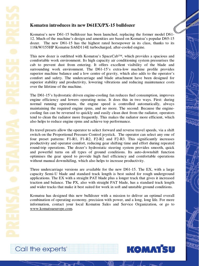 Komatsu Introduces Its New D61EX/PX-15 Bulldozer | PDF | Engines ...